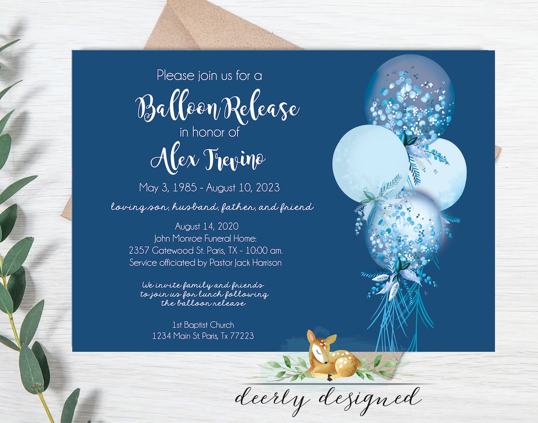 Blue Balloon Release Invitation Announcement | Memorial Service ...