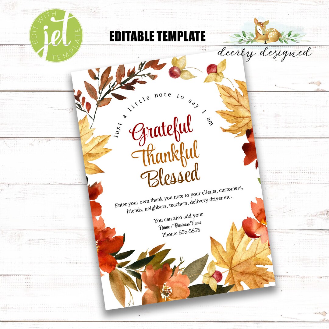 EDITABLE Thanksgiving Printable - Thankful Grateful Blessed ...
