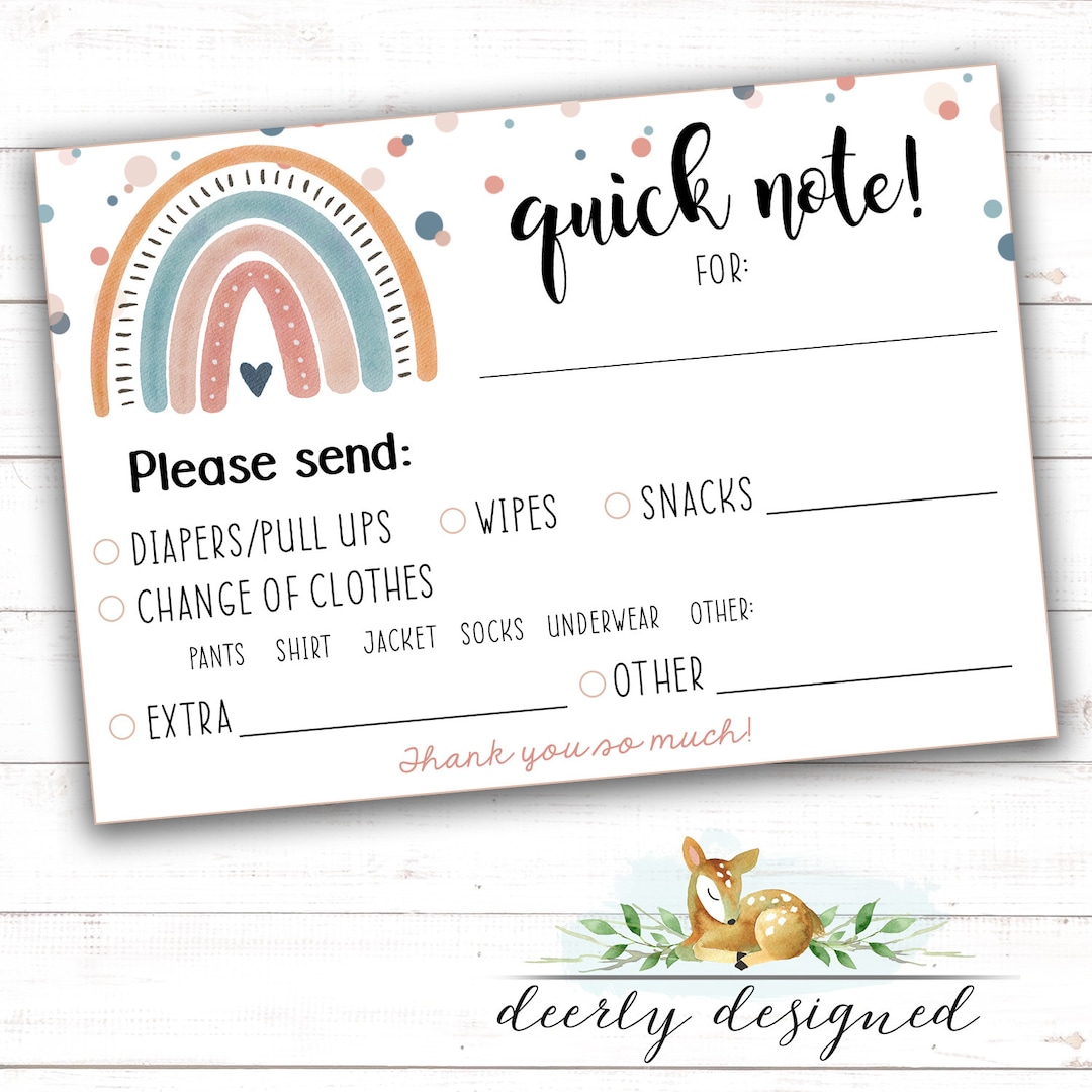 Quick Note! Daycare Note Home - Cute Boho Rainbow Daycare Card ...
