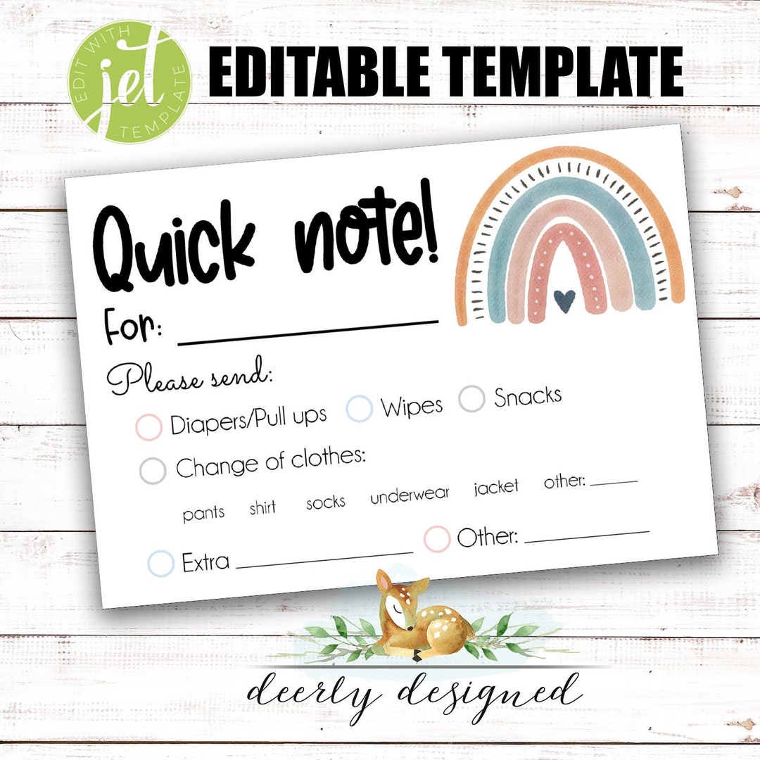 EDITABLE Quick Note - Boho Rainbow Daycare Note Home - Daycare Slip ...