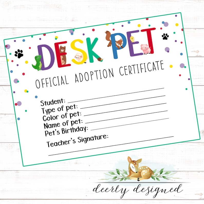 Desk Pet Adoption Certification Printable Desk Pets - Etsy