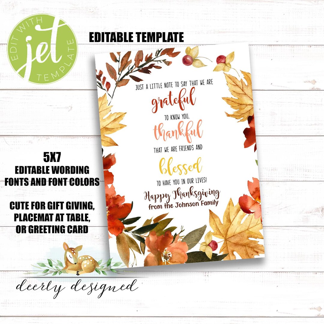 EDITABLE Thanksgiving Card - Thankful Grateful Blessed Note ...