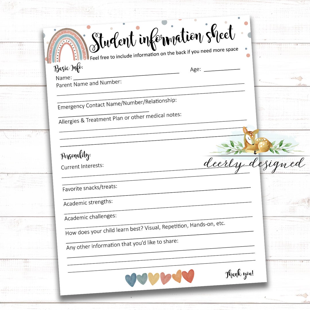 Boho Rainbow Student Information Form - Classroom Management - New ...