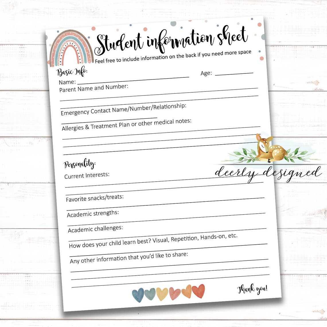 Boho Rainbow Student Information Form - Classroom Management - New ...
