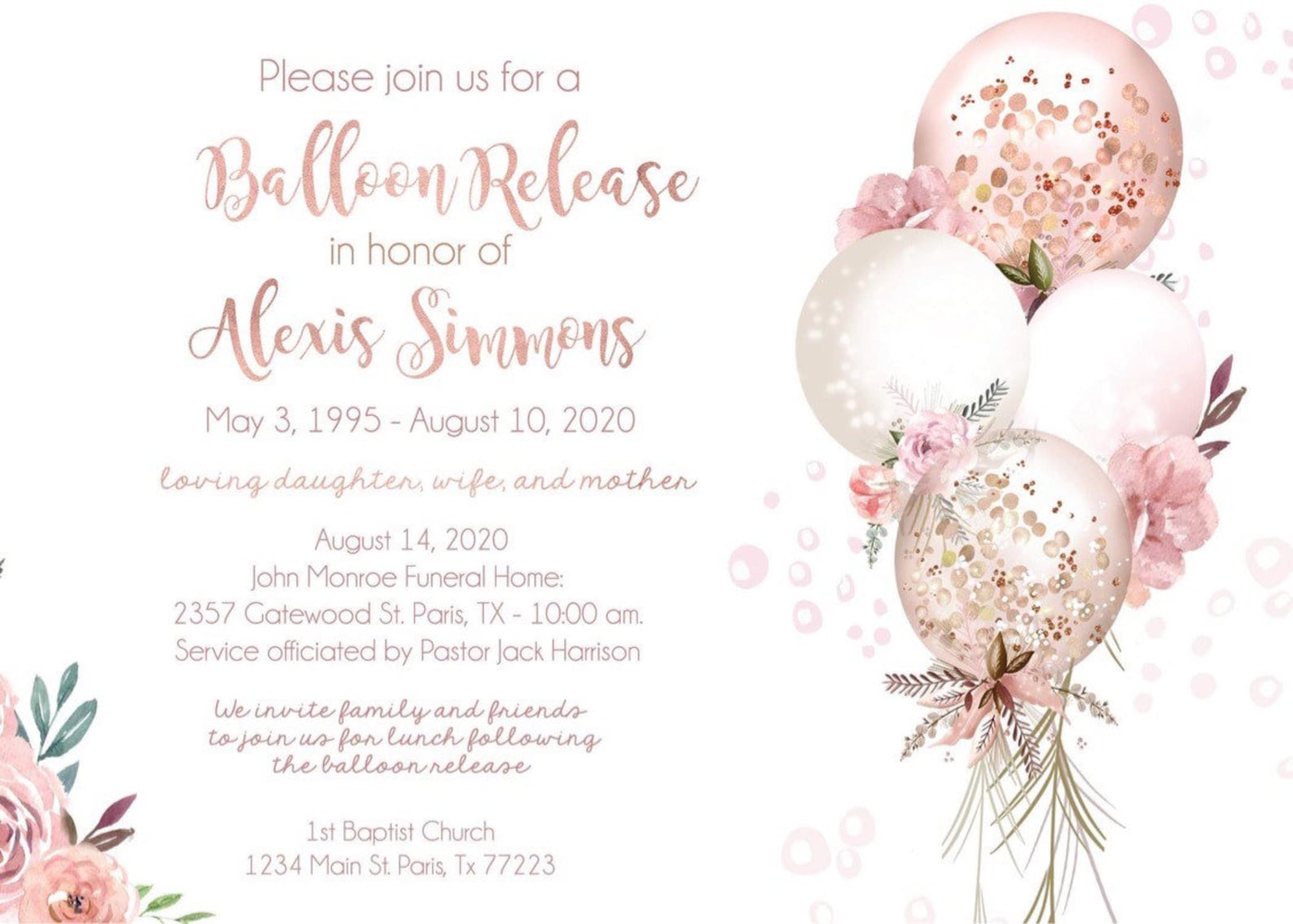 Pink Balloon Release | Memorial Service | Funeral Invitation ...
