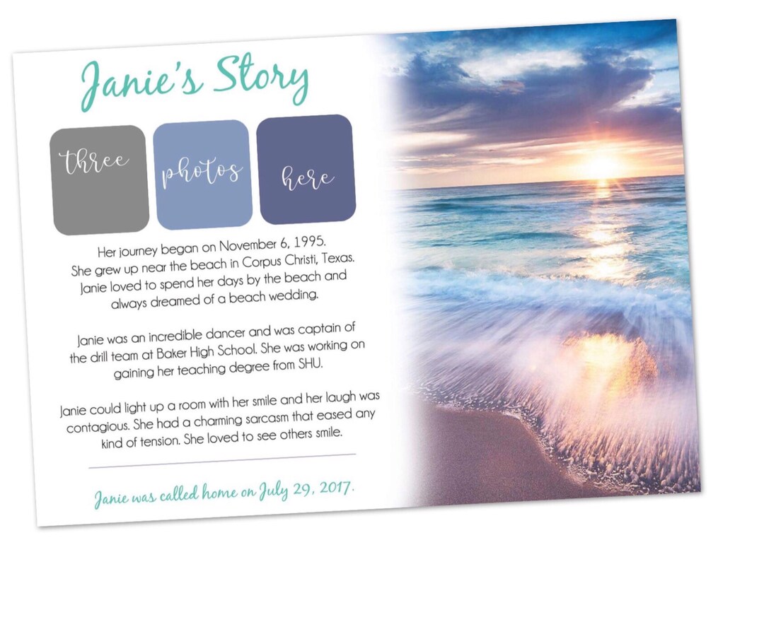 Beach Sunset Funeral Program | Printable Memorial Card | Obituary ...