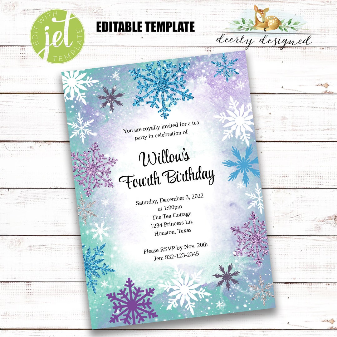 EDITABLE Snowflake Winter Birthday Invitation TEMPLATE Purple Blue ...