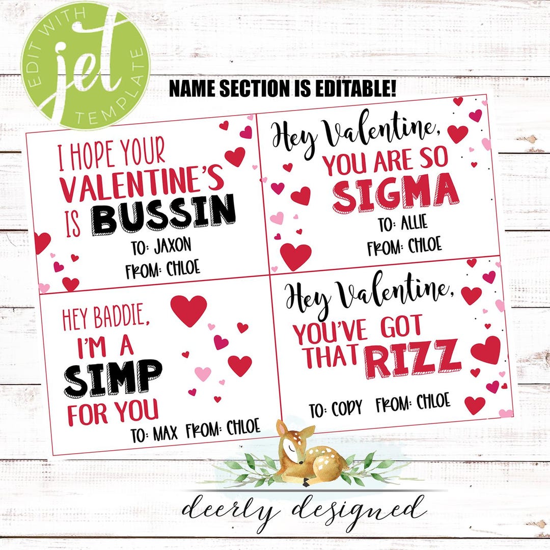 EDITABLE TEMPLATE: Slang Valentine Cards | Editable Name Section | Rizz ...