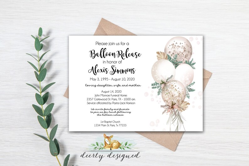 Neutral Balloon Release Invitation Announcement | Memorial Service ...