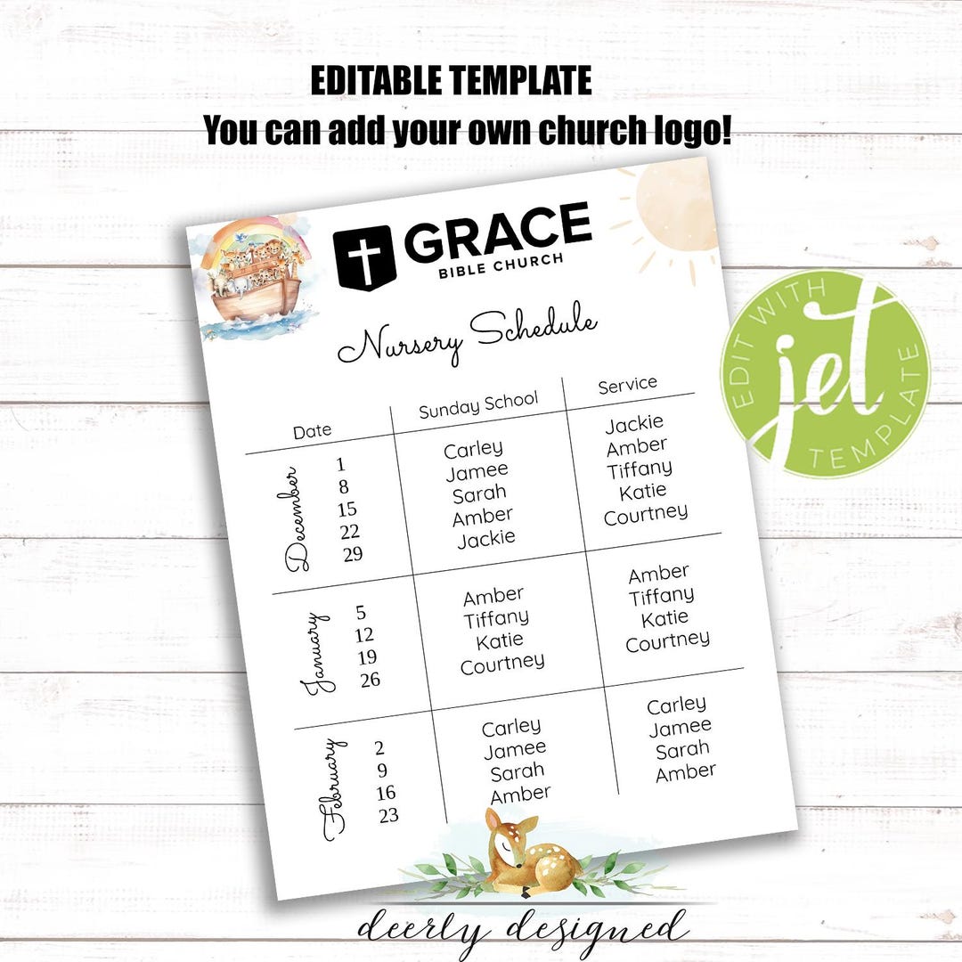 EDITABLE Church Nursery Schedule - Sunday School Volunteer Schedule ...