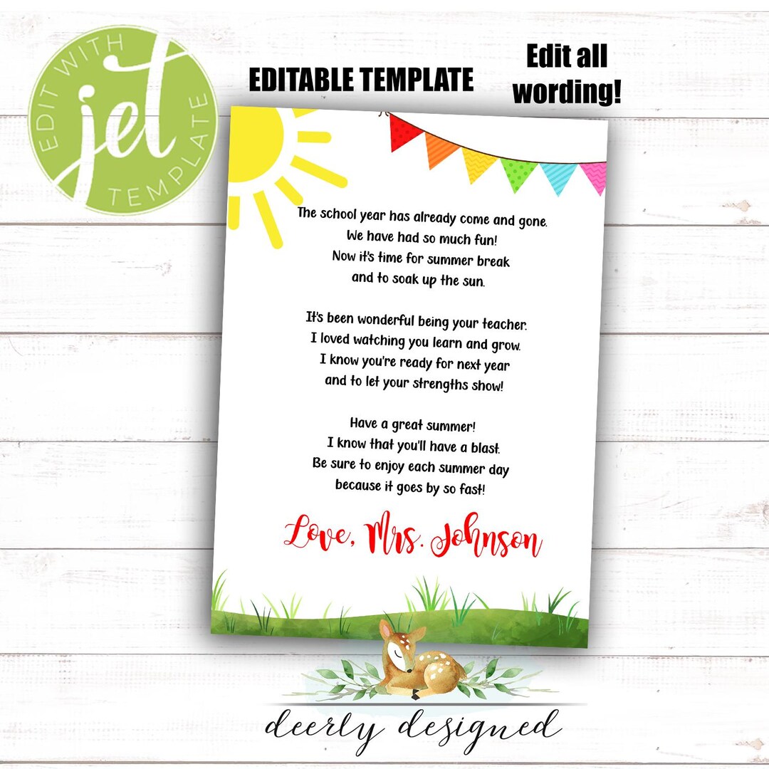 Editable End of School Note From Teacher: Summer Break Poem (5x7 ...
