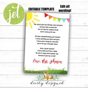 EDITABLE End of School Note From Teacher - Summer Break - Teacher ...
