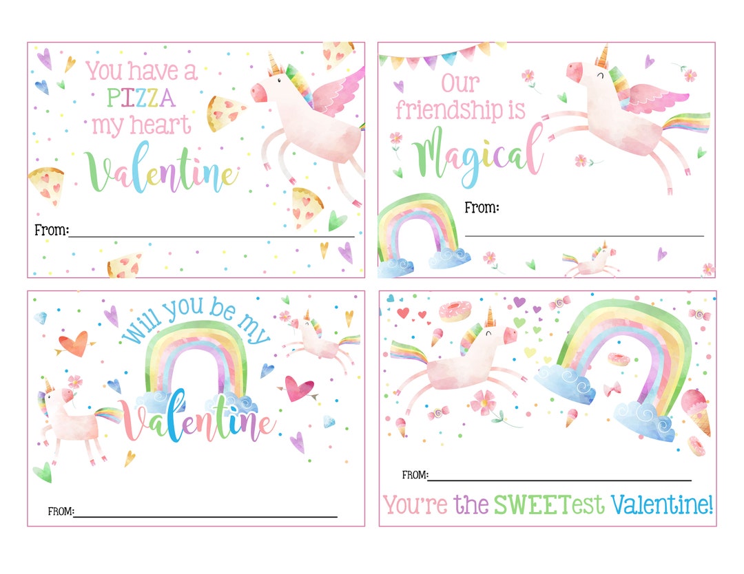 Unicorn and Rainbows Valentine Card Printables Instant Download ...