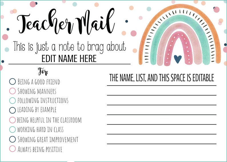 EDITABLE Boho Rainbow Teacher Mail TEMPLATE Note From the - Etsy