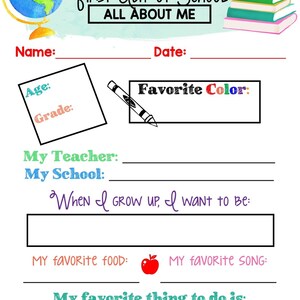 Colorful First Day of School About Me Worksheet - Teacher Printable ...
