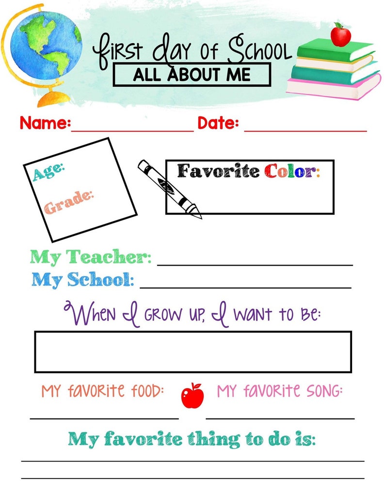 Colorful First Day of School About Me Worksheet Teacher - Etsy