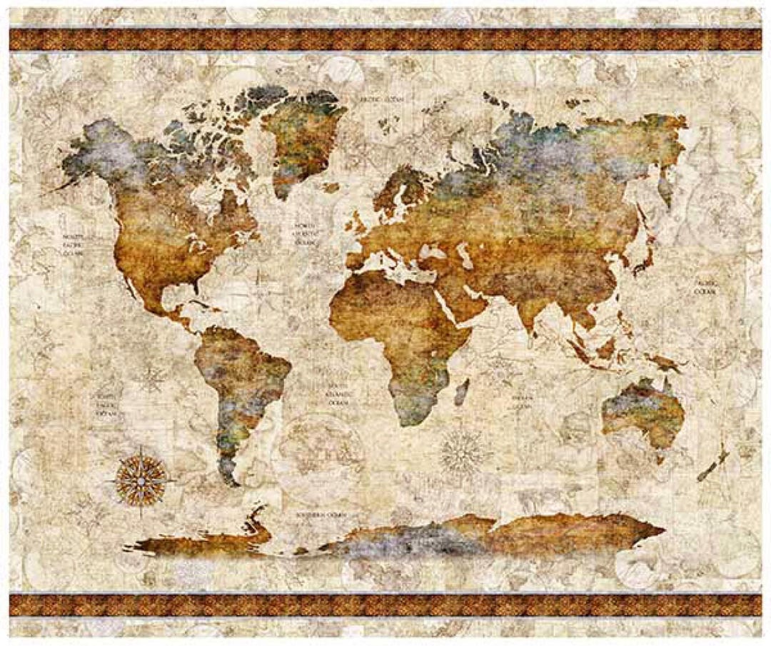 World Map Large Fabric Panel-globetrotter by QT Fabrics-36" X 44 ...