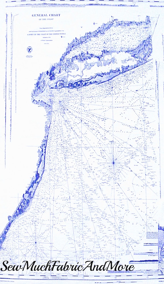 Nautical chart of the Coast fabric panel-24 x | Etsy