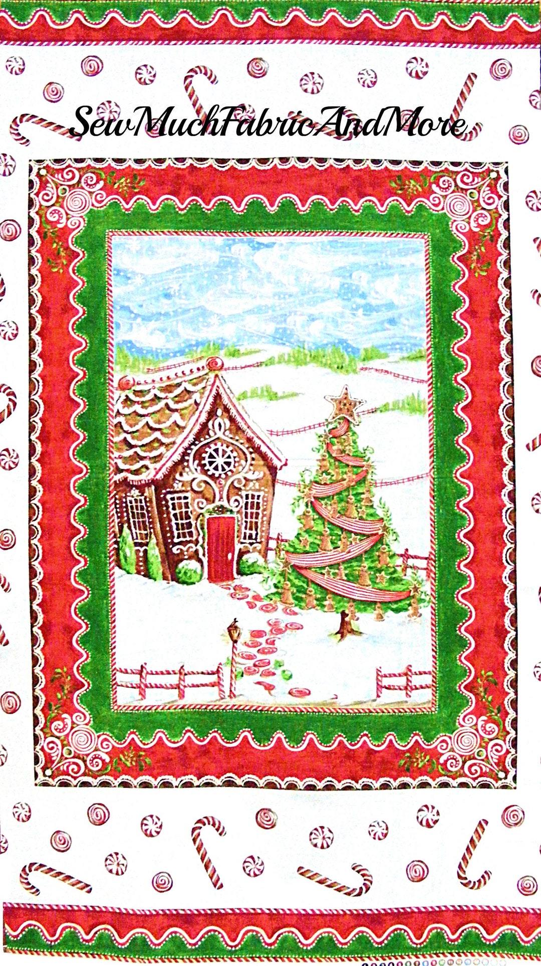 Christmas Scene Gingerbread House Large Fabric Panel~peppermint Candy ...