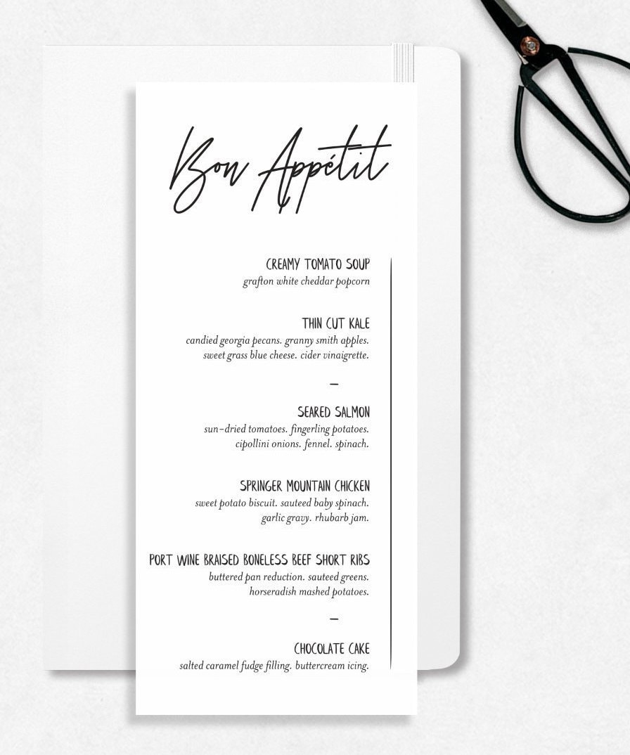 Modern Handwritten Script Wedding Menu: Modern Menu Card / Wedding Menu ...