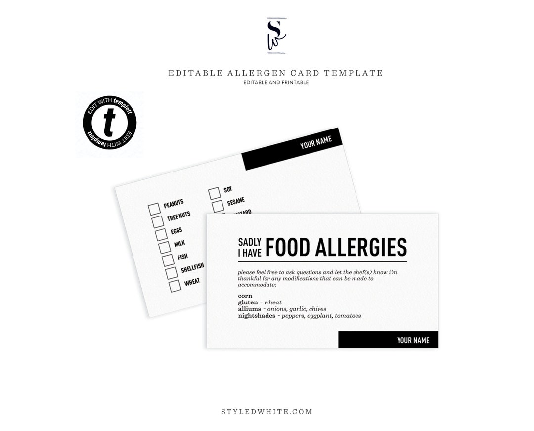 Editable Allergen Card Template, Minimalist Food Allergies Cards Design ...
