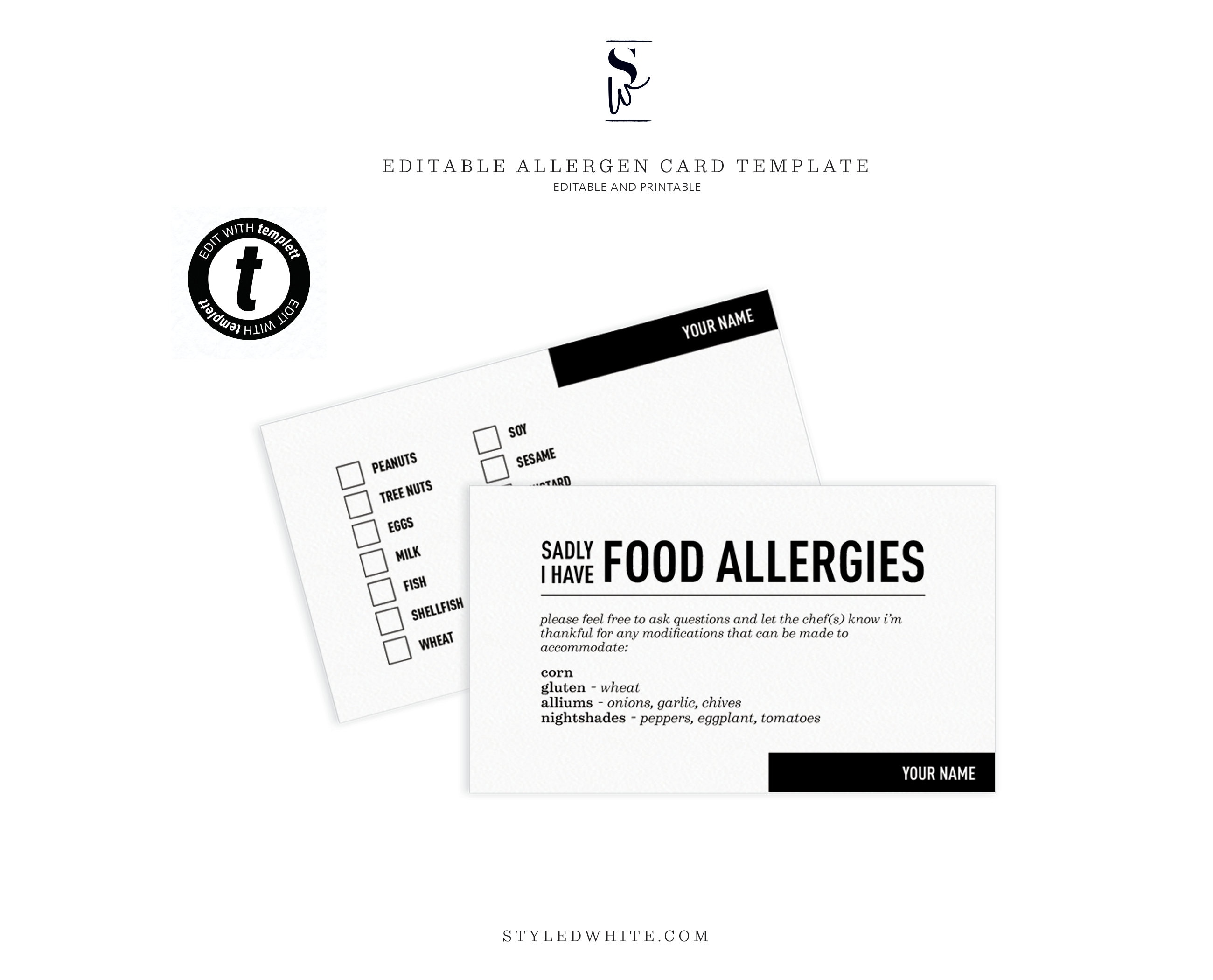Editable Allergen Card Template, Minimalist Food Allergies Cards Design ...