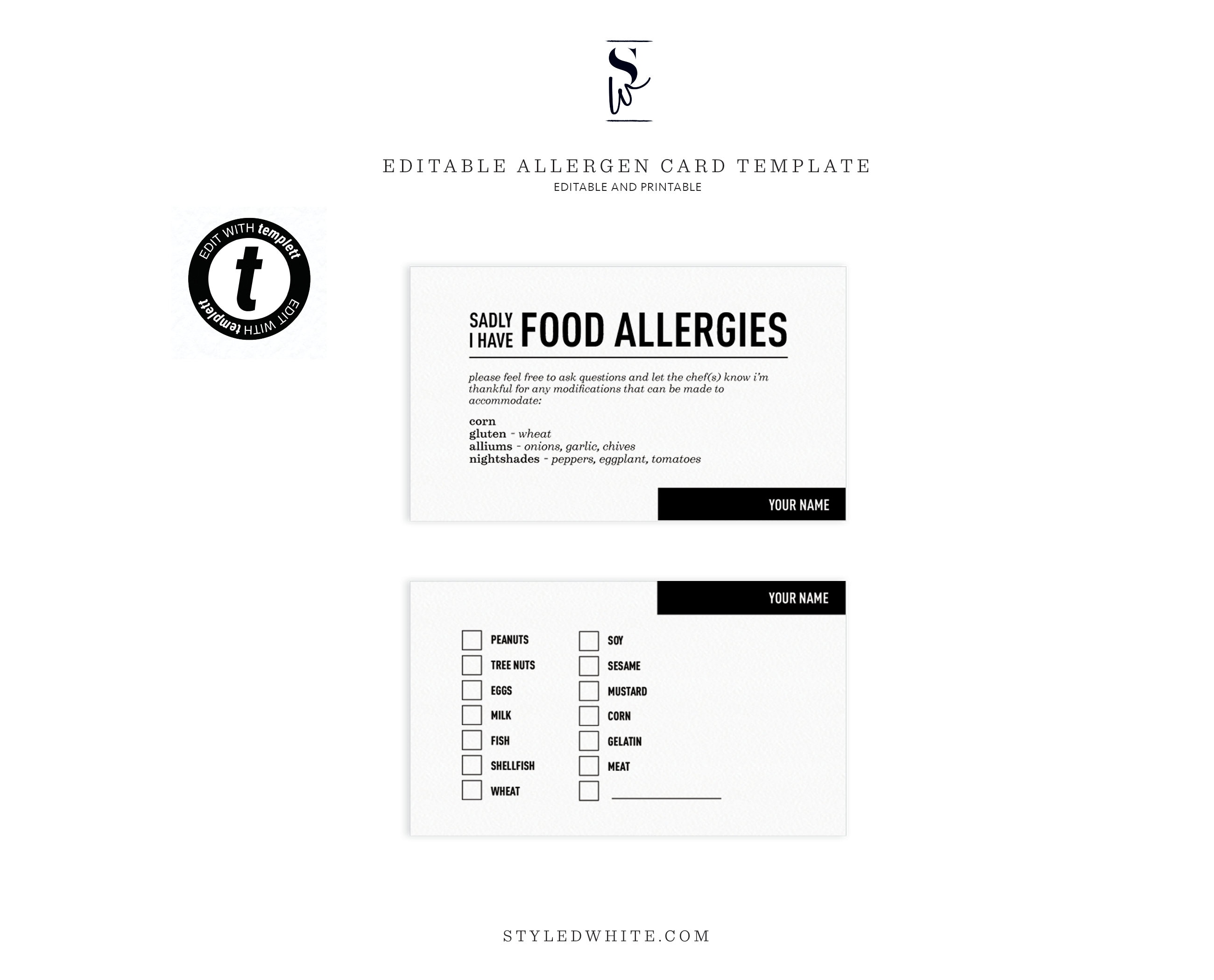 Editable Allergen Card Template, Minimalist Food Allergies Cards Design ...