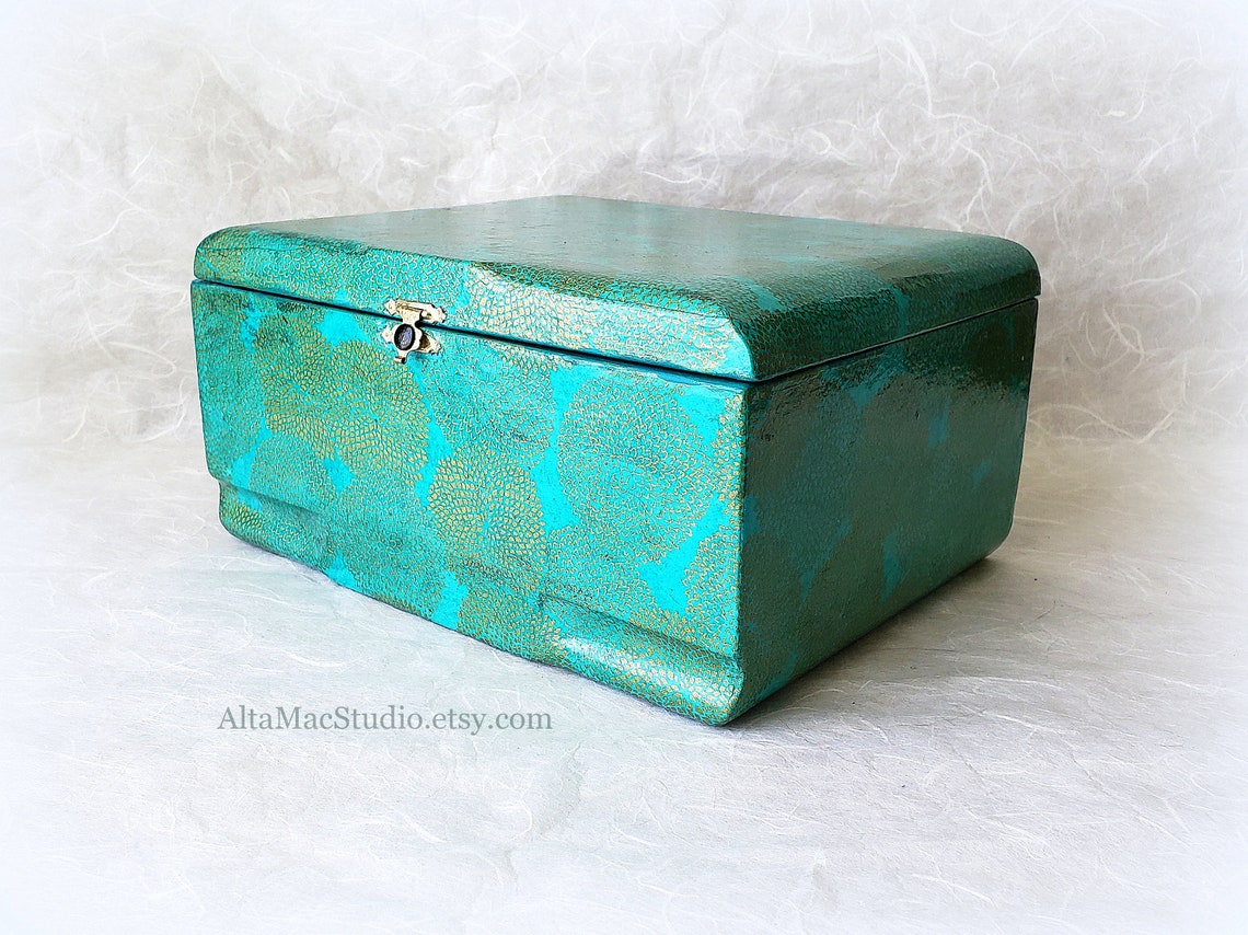 Decorative Box in Teal With Metallic Gold Mums OOAK - Etsy