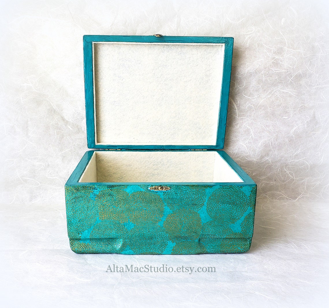 Decorative Box in Teal With Metallic Gold Mums OOAK - Etsy