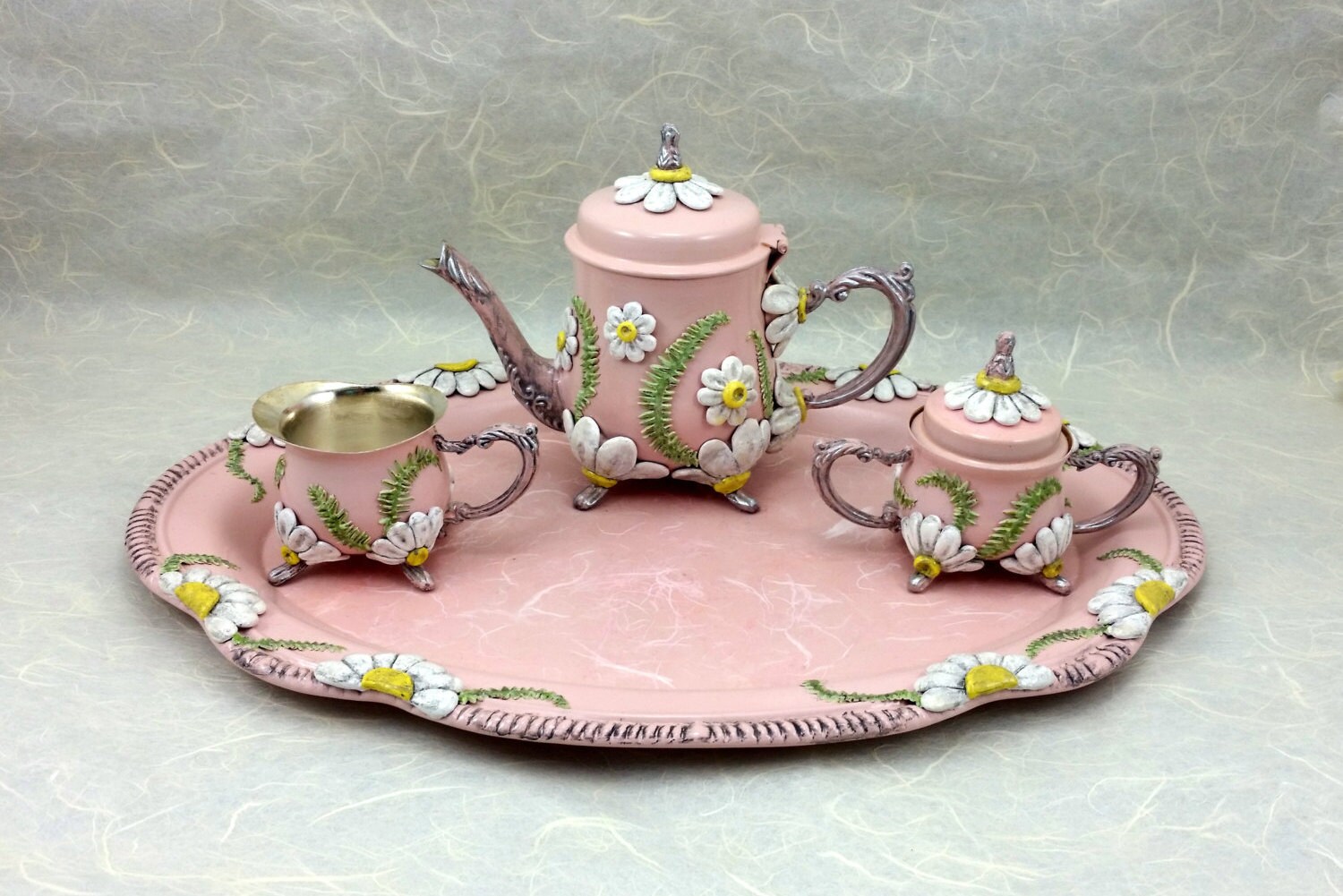 Miniature Tea Set OOAK, Pink Shabby Chic, Daisies, Handmade Mixed Media ...