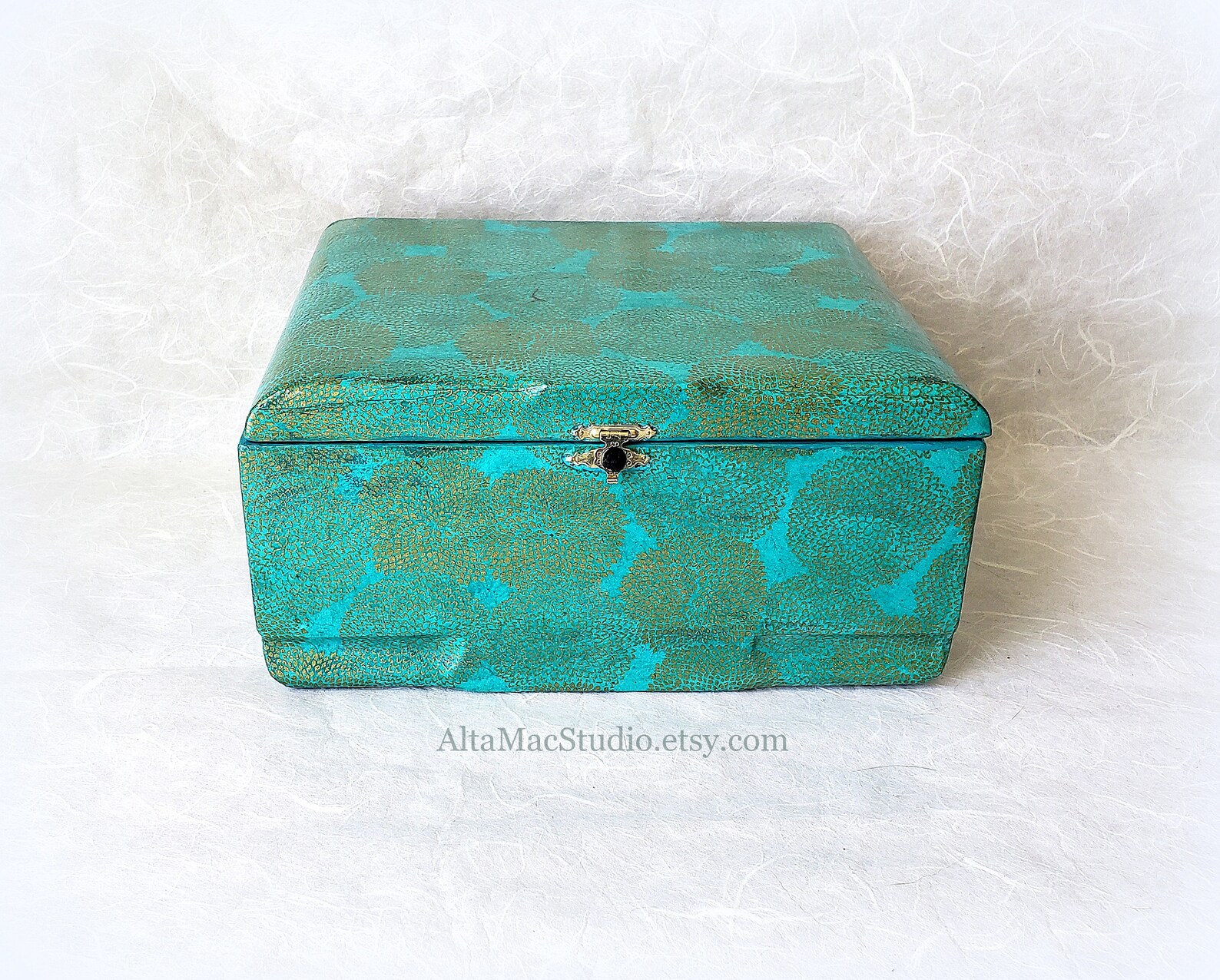 Decorative Box in Teal With Metallic Gold Mums OOAK - Etsy