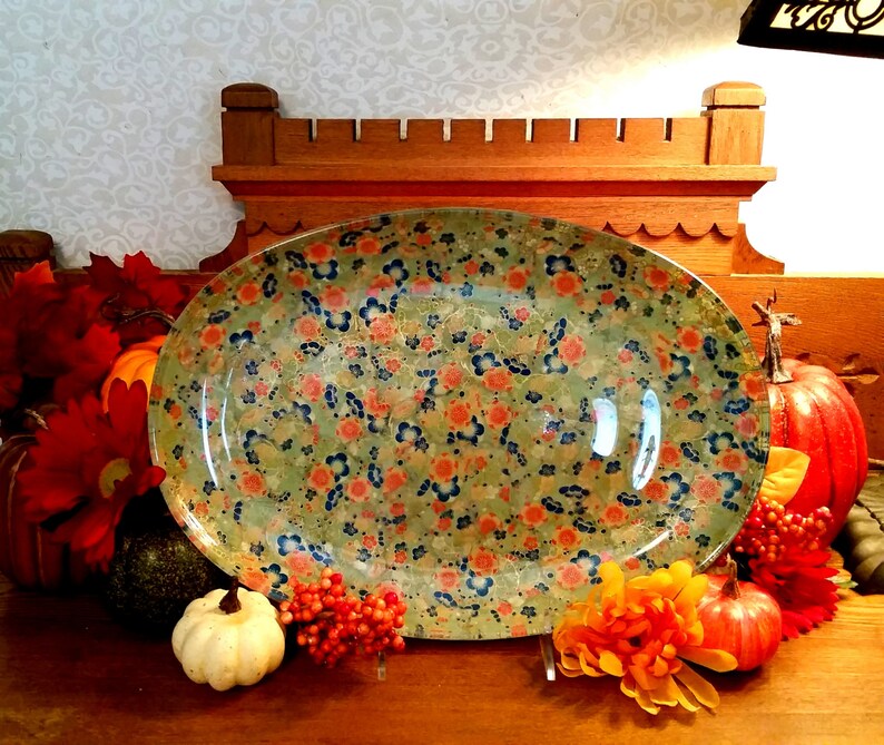 Decorative Glass Platter in Green Orange & Blue Flowers - Etsy