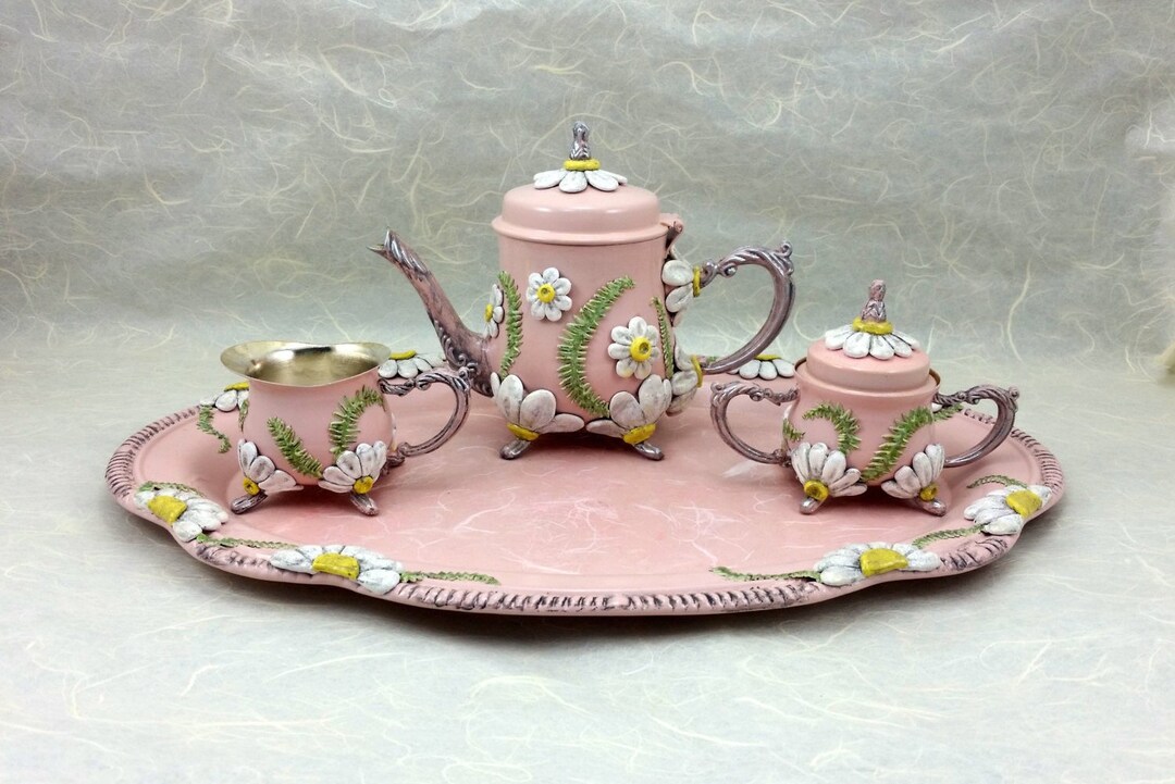 Miniature Tea Set OOAK, Pink Shabby Chic, Daisies, Handmade Mixed Media ...