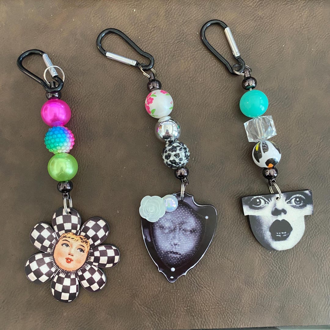 Beaded Keychain / Purse Charm - Bizarre Retro-inspired Beaded Collage ...