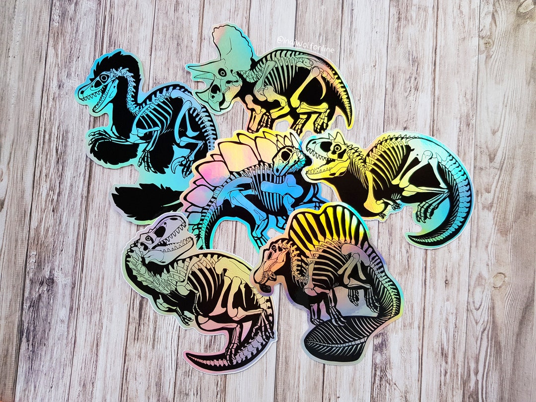 Skeleton Dino Bundle 6 Holographic Vinyl Die Cut Stickers, Raptor ...