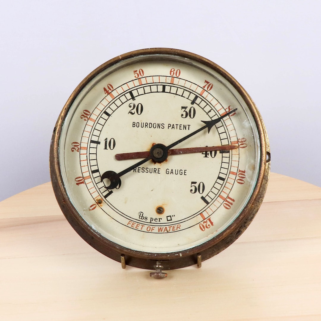 Antique Pressure Gauge Bourdons Patent Vintage Brass Frame Lbs per Feet ...