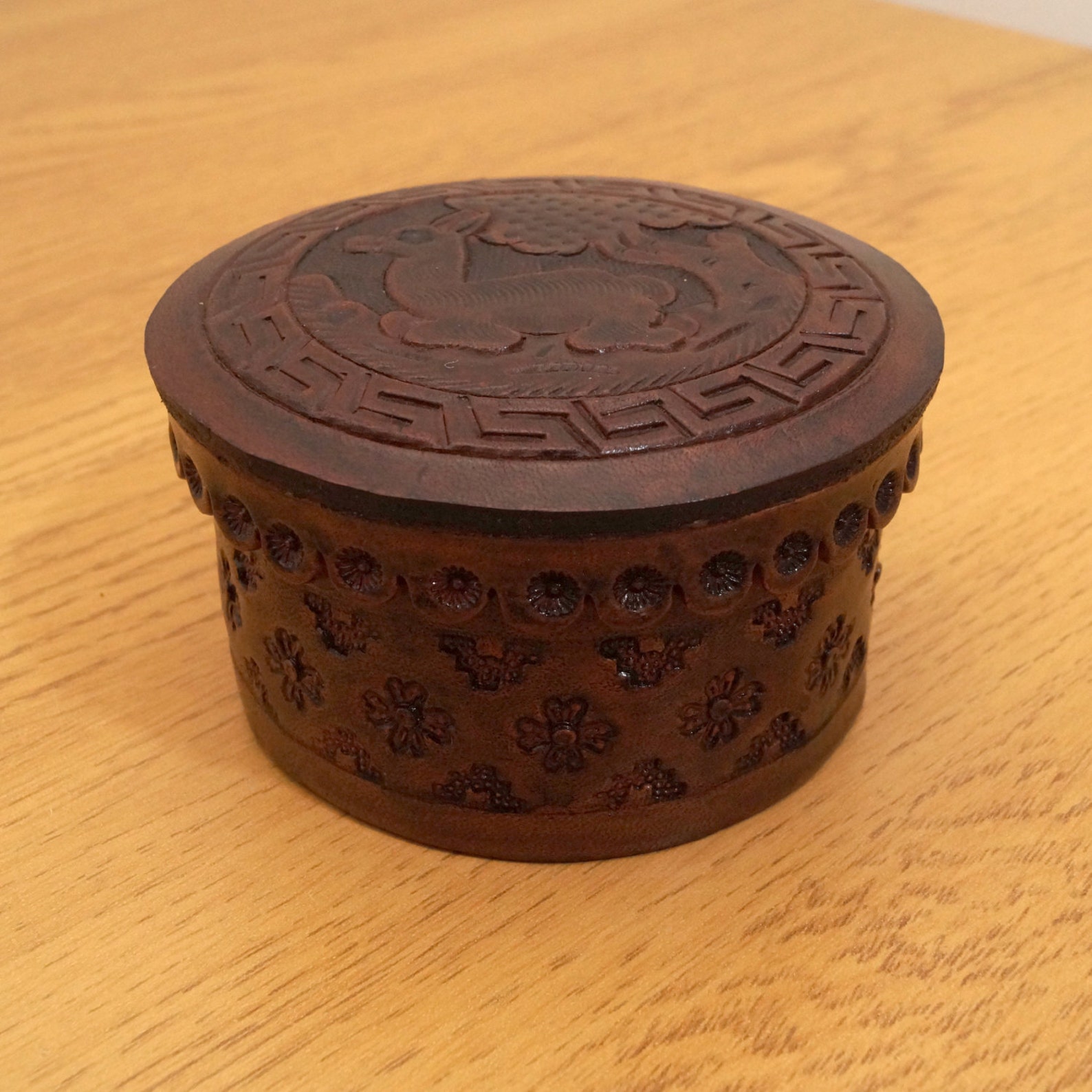 Real Leather Round Shape Box With Lid Wood Base Real - Etsy UK