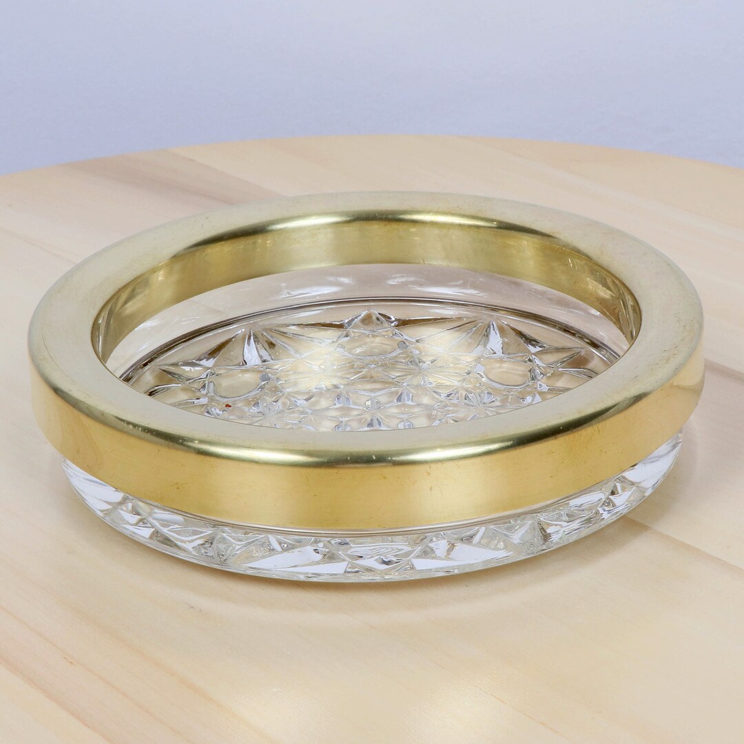 Vintage Thick Glass Bowl With Brass Trim Ring || Clear Glass Ashtray ...