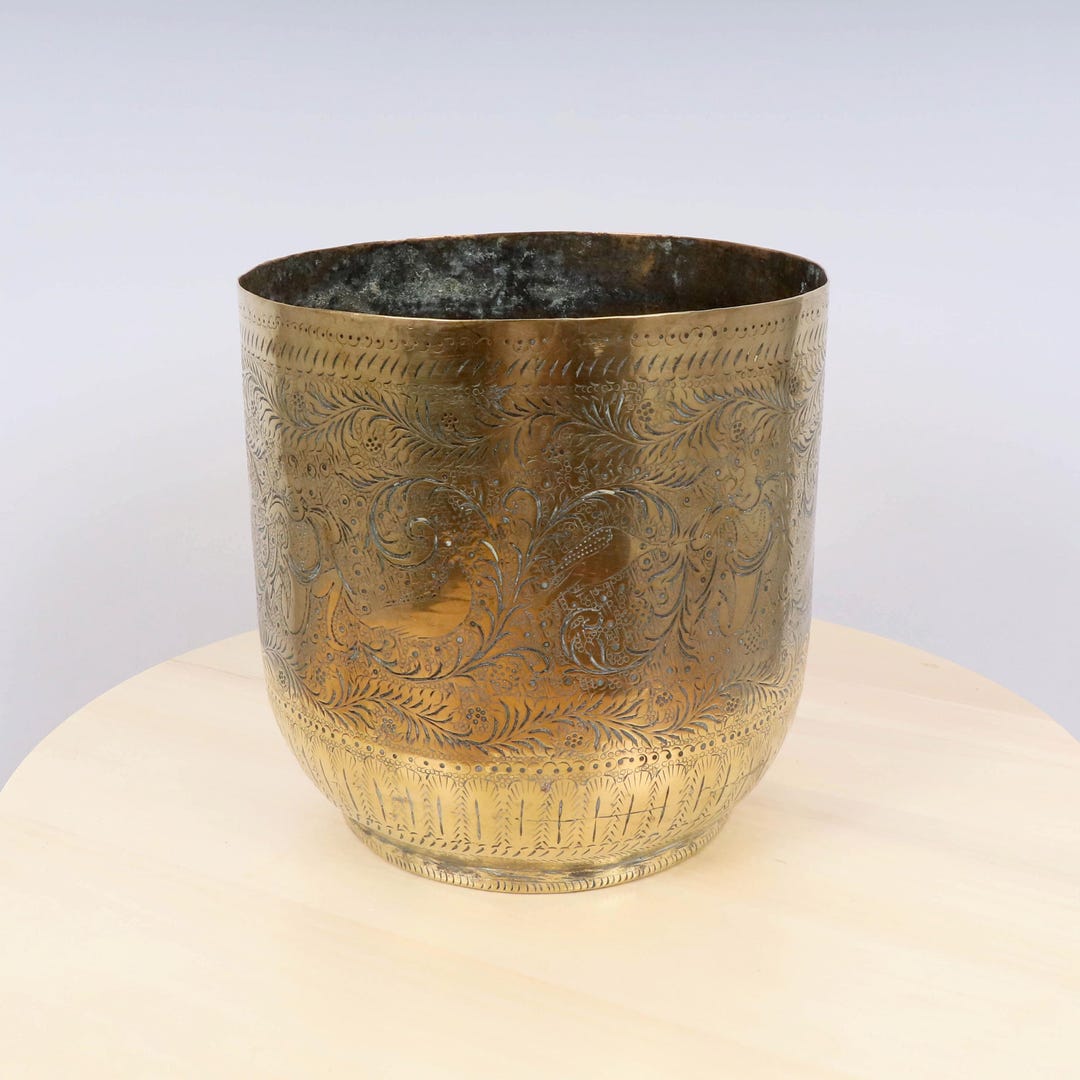 Vintage Solid Brass Planter / Flower Pot With Handmade Engravings ...