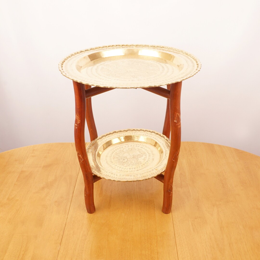 Two Level Table With Plates / Trays || Vintage Wooden / Solid Brass ...