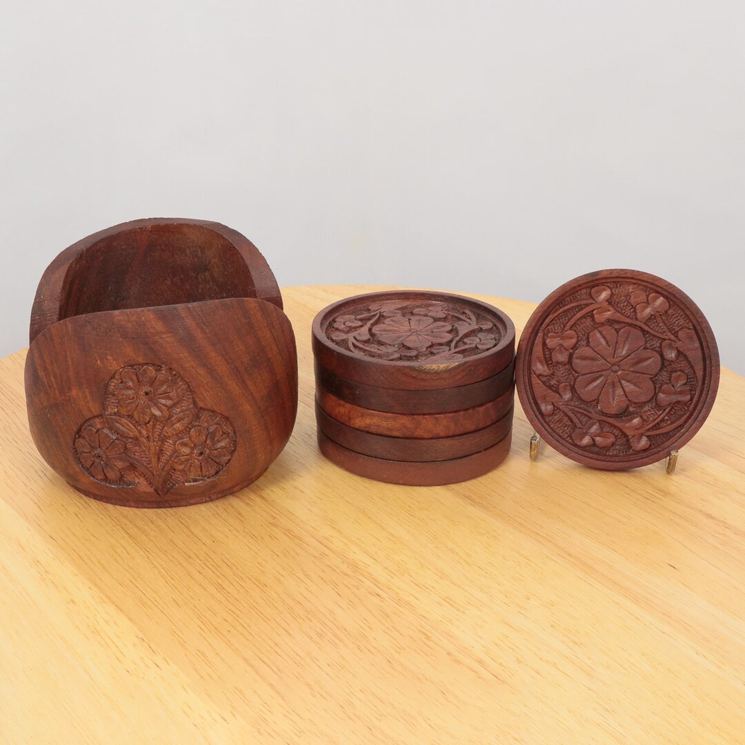 Coasters Set of Six Carved Wood Pads Vintage Solid Wood - Etsy