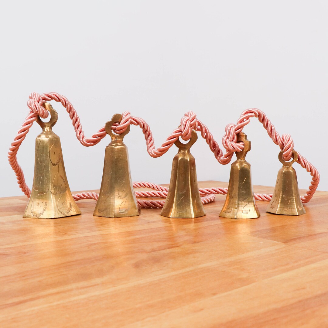 Set of Five Bells || Vintage Brass Bells With a Pink Rope / Etched ...