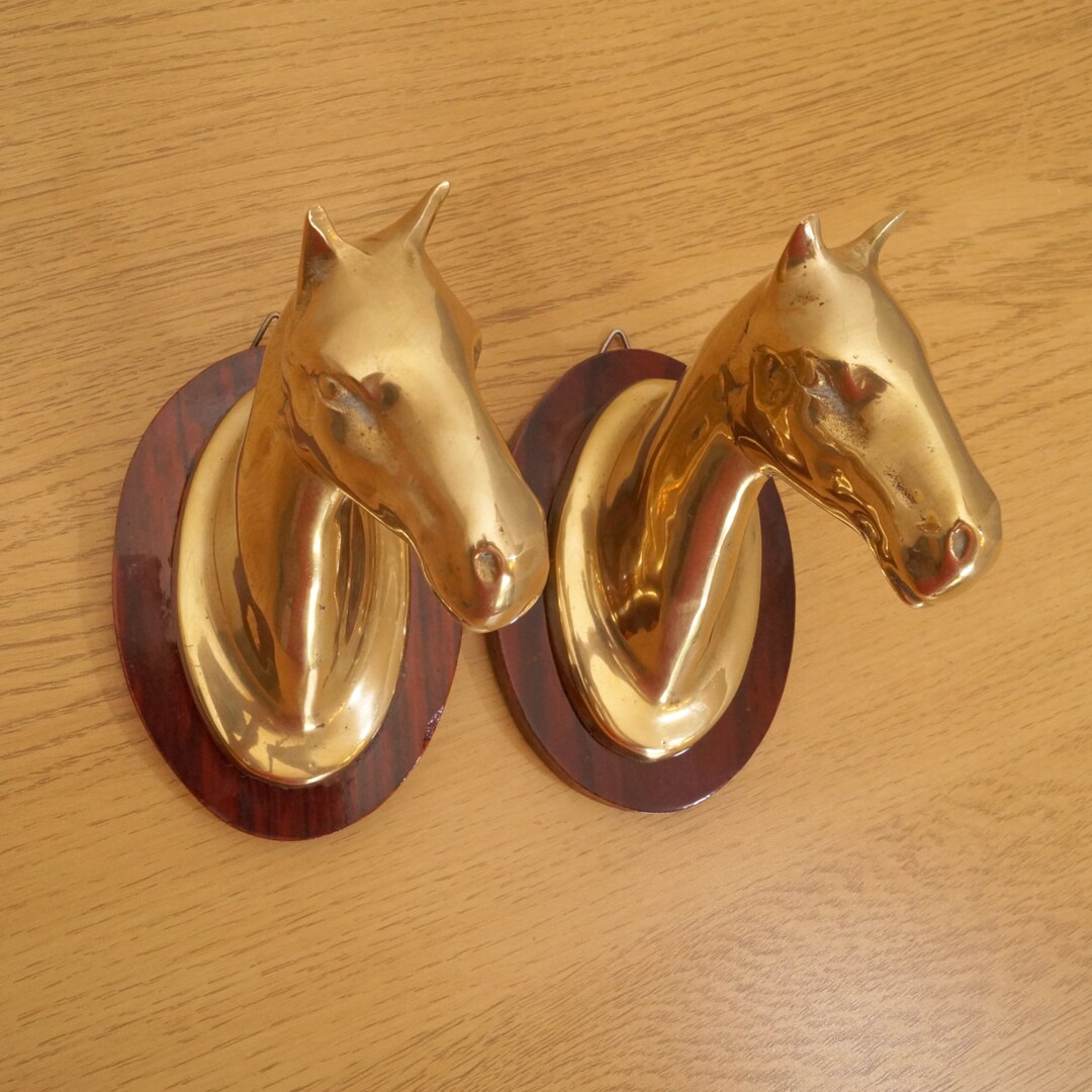 2 Horse Head Wall Hanging || Vintage Solid Brass on Wooden Base - Etsy