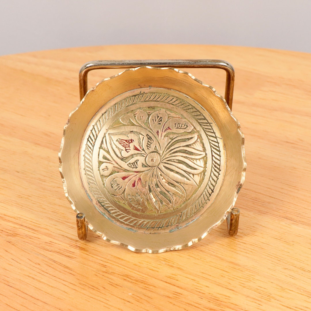 Plate / Tray || Small || Vintage Solid Brass || Enamel Floral Design ...