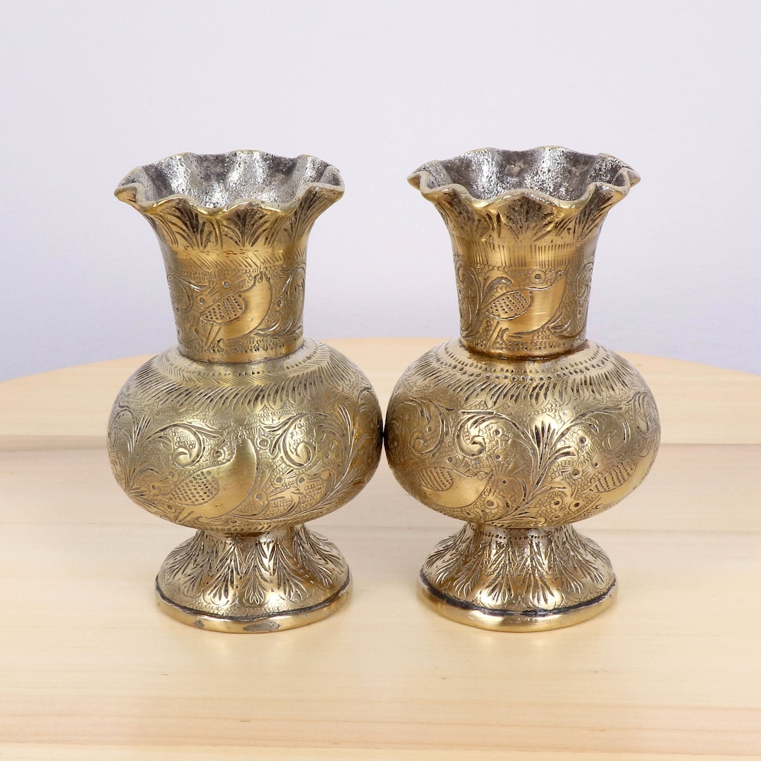 Antique 2 Small Solid Brass Vases || Handmade Etched Floral Ornaments ...