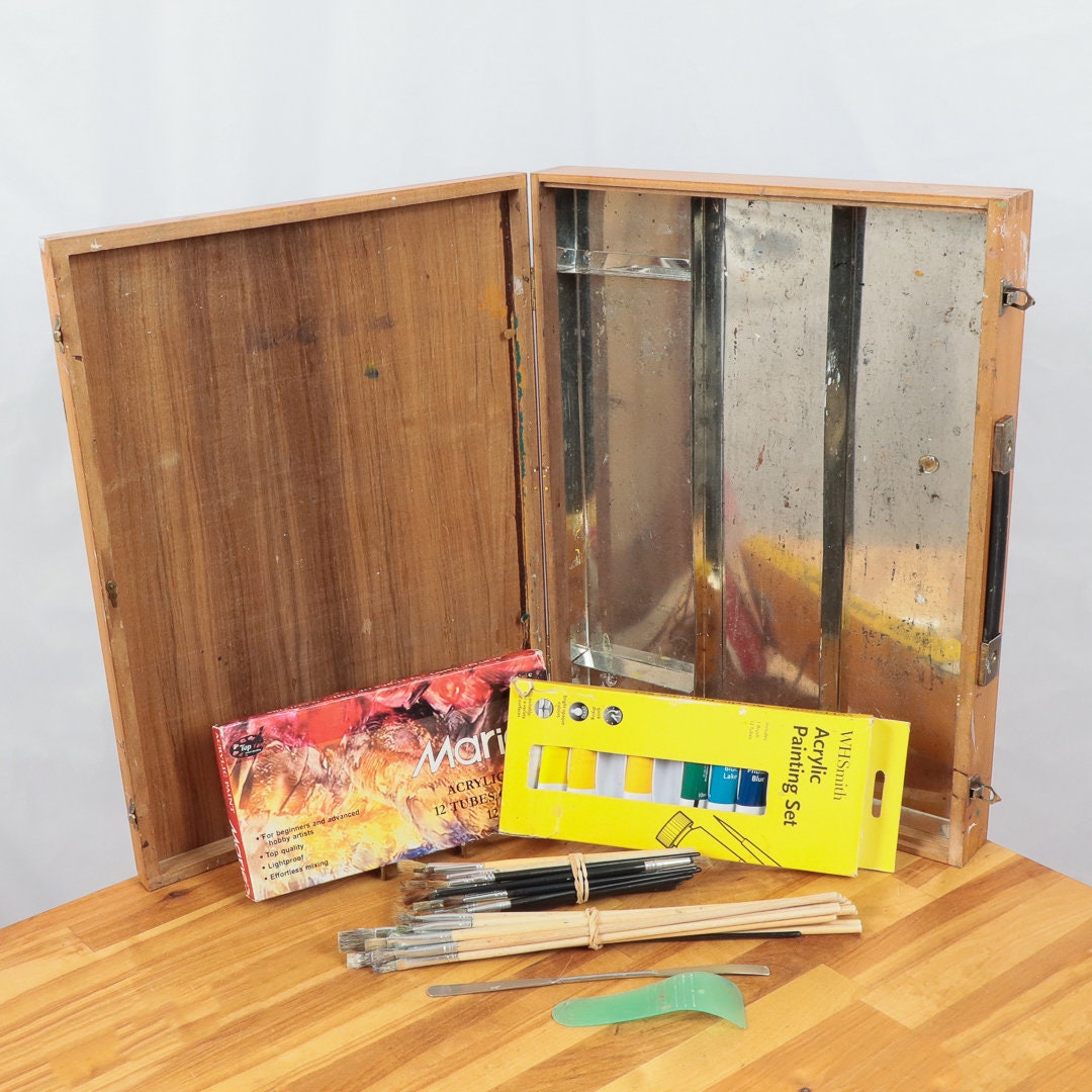 Vintage Painting Set Wood Box / Wooden Box With Paint and Brushes ...