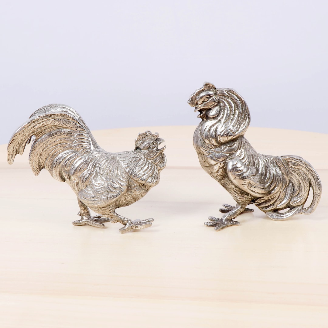 Pair of Silver Plated on Brass Rooster Figurine / 2 Chickens Sculpture ...
