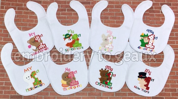 My First Holiday Bib Baby s First Holiday Bib Baby Shower Gifts Baby s First Christmas Baby s First Easter Baby s Firsts Etsy