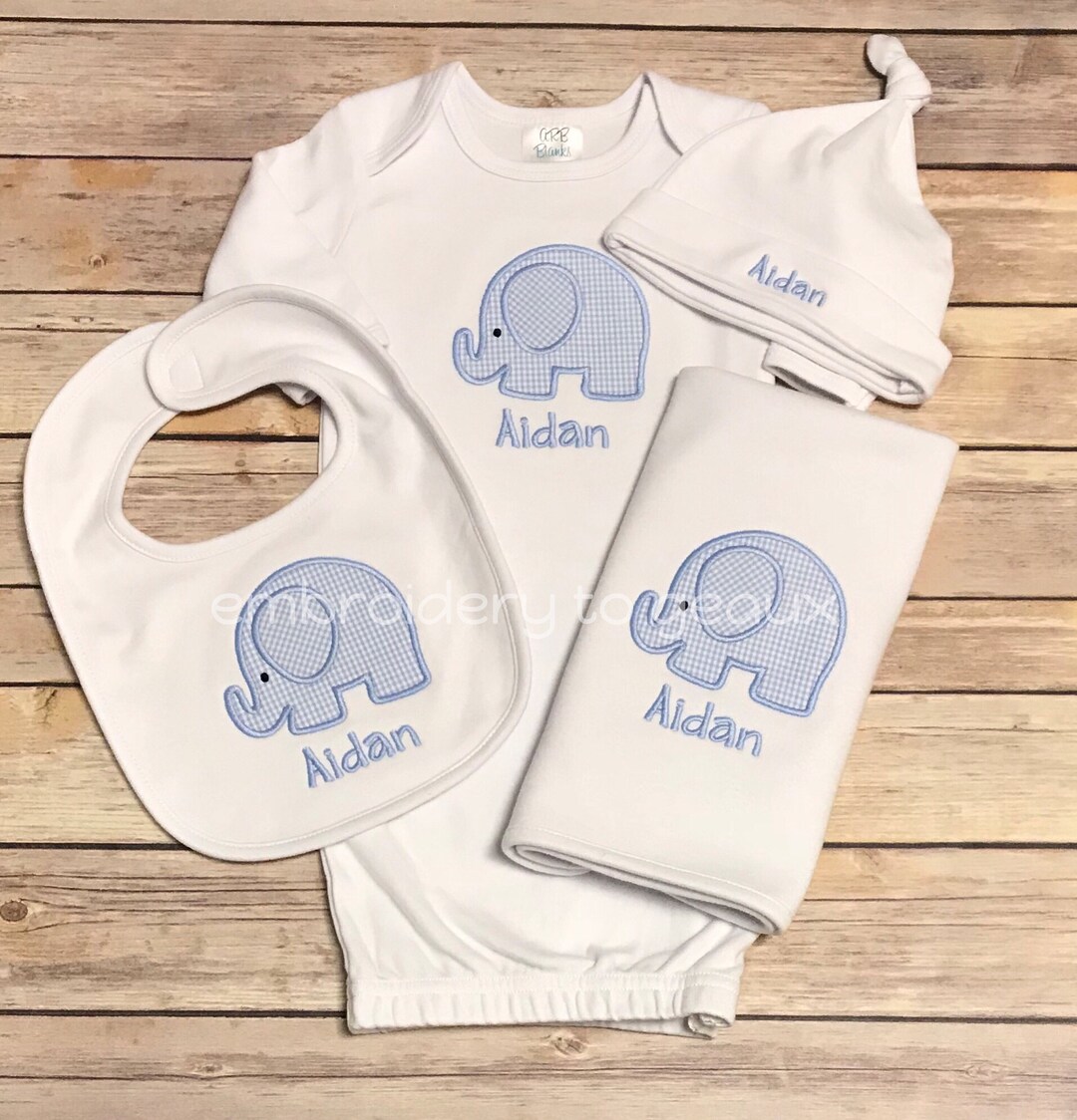 Blue Gingham Elephant New Baby Gift Set, Personalized Elephant Baby ...
