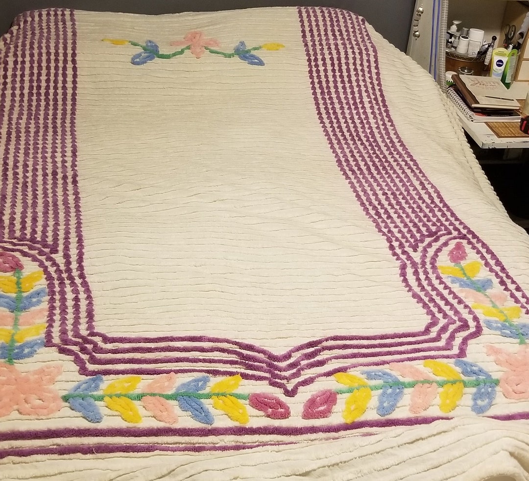 Vintage Multi Colored, Chenille Bedspread. 102 X 90 **SALE 20% OFF ...